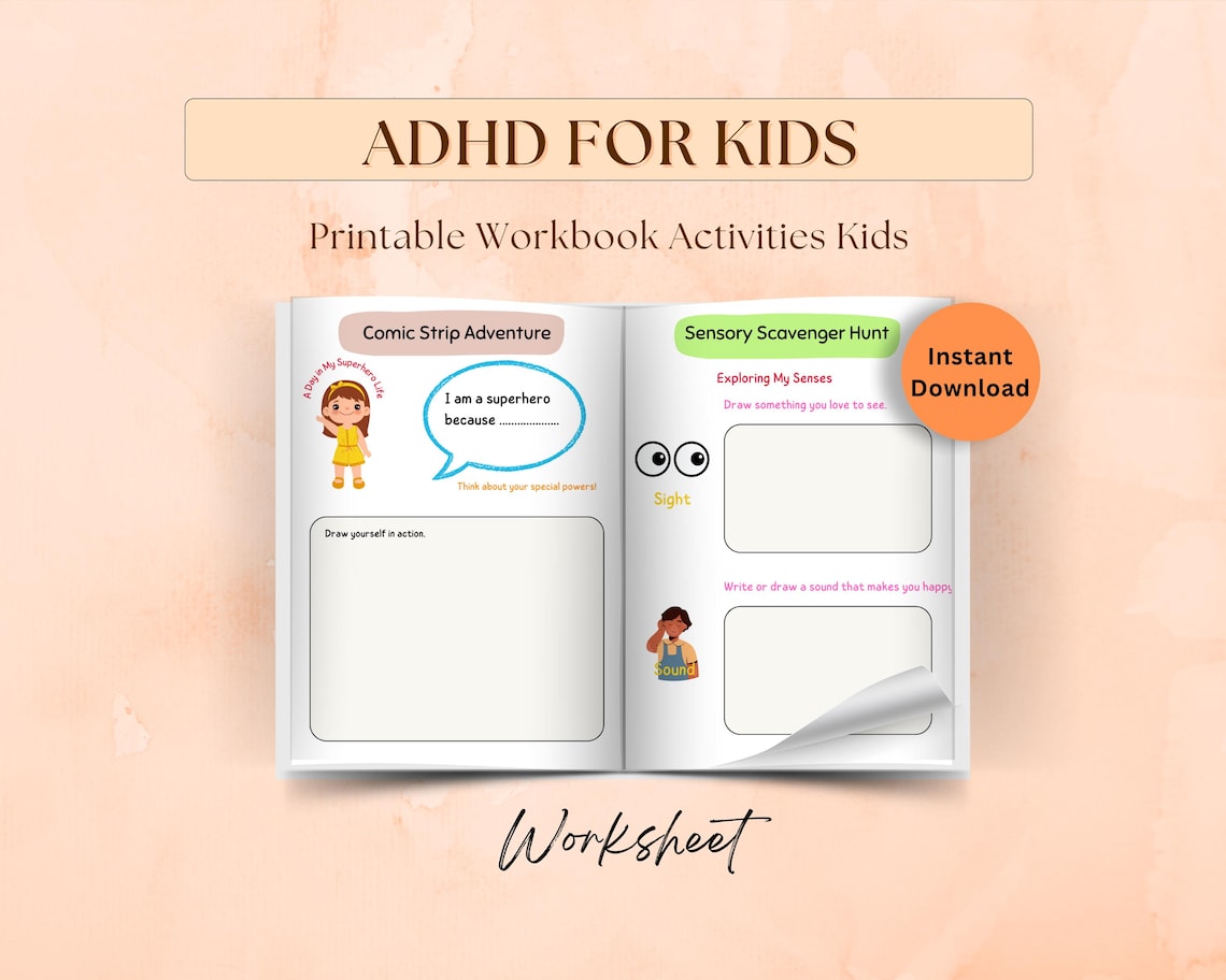 ADHD Worksheets for Kids, Printable Workbook Activities Kids, Children ...
