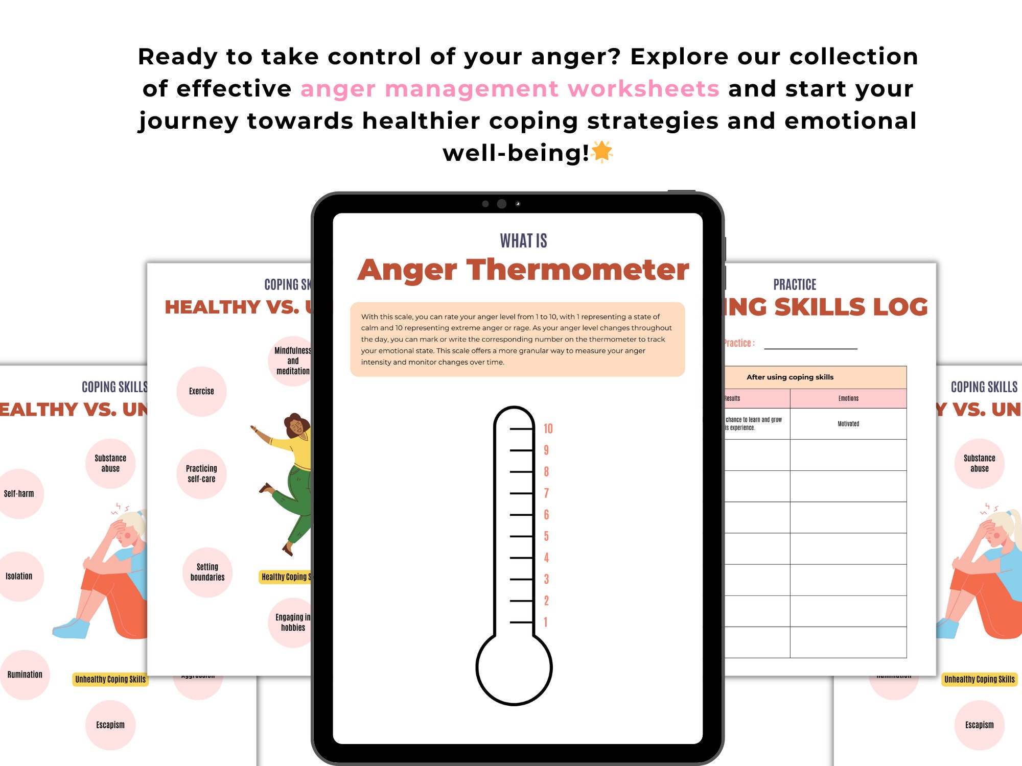 Anger Coping Skills Worksheets, Anger Thermometer, Coping Mechanisms ...