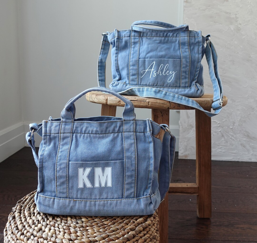 Personalized Denim Tote Bag – Custom Initials Bag, Crossbody Shoulder ...