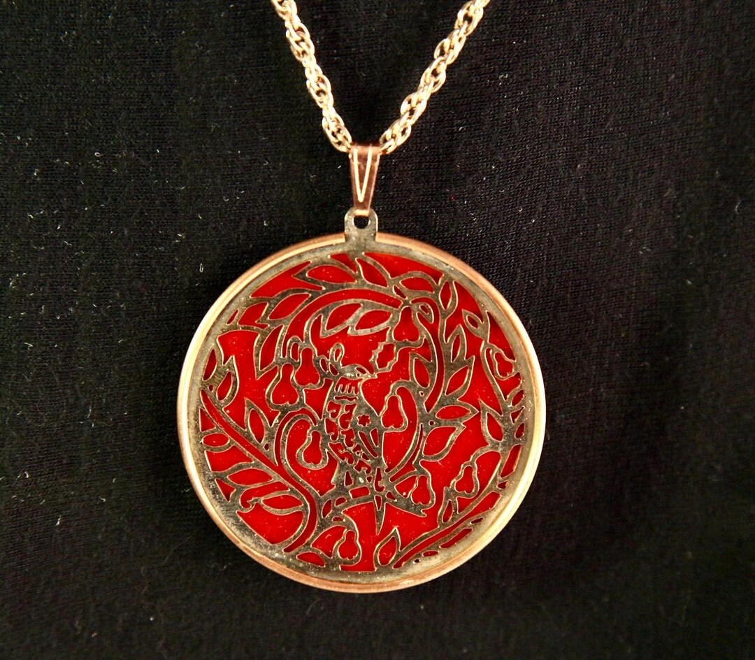 Red Partridge in a Pear Tree Copper Cut Out Medallion Necklace, 1978 ...