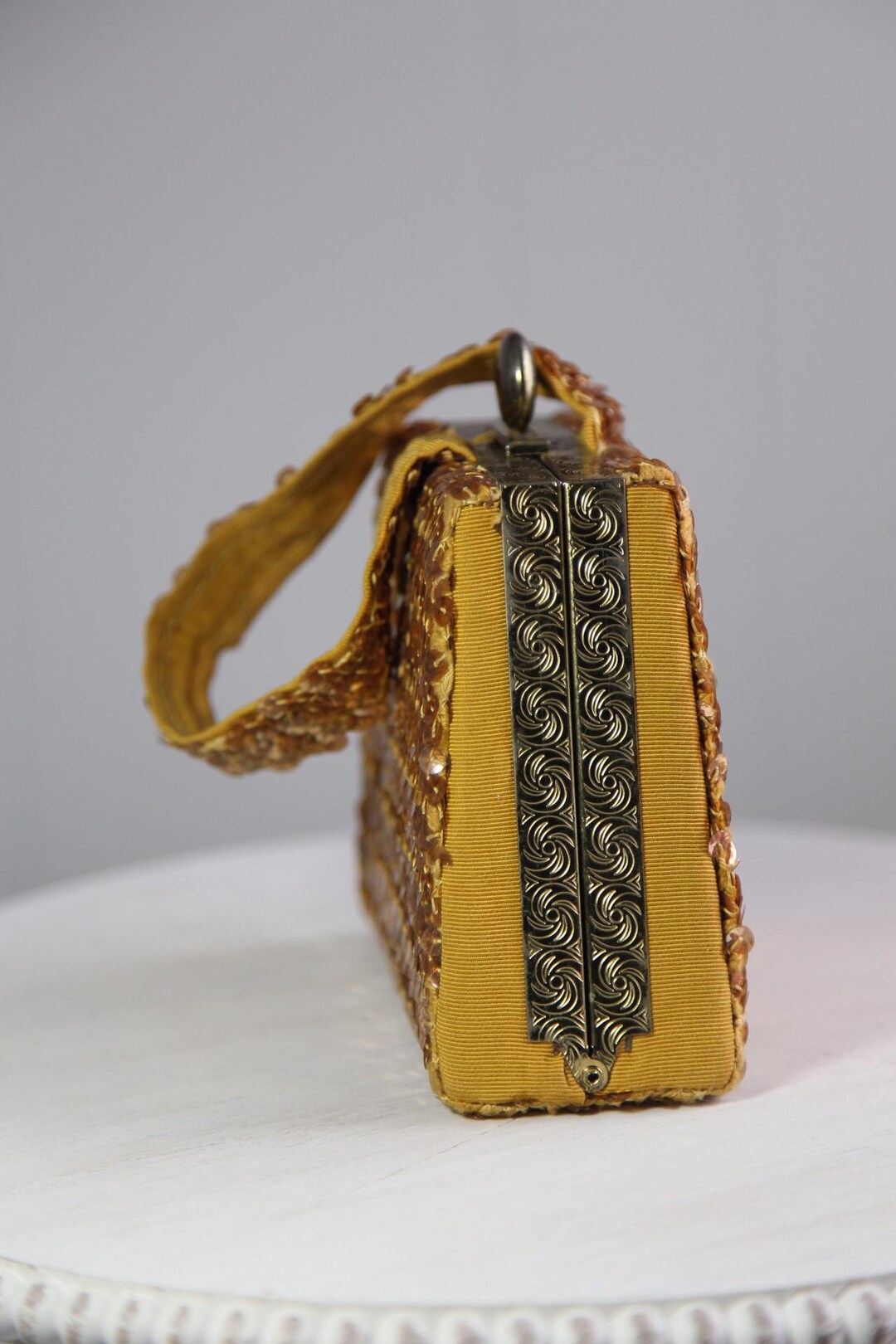 Vintage 1930's Art Deco Sequin Box Style Evening Bag Purse Antique Gold ...