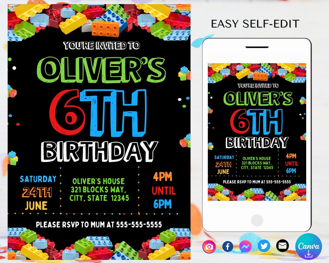 Editable Building Blocks Birthday Invitation, Blocks Invitation ...