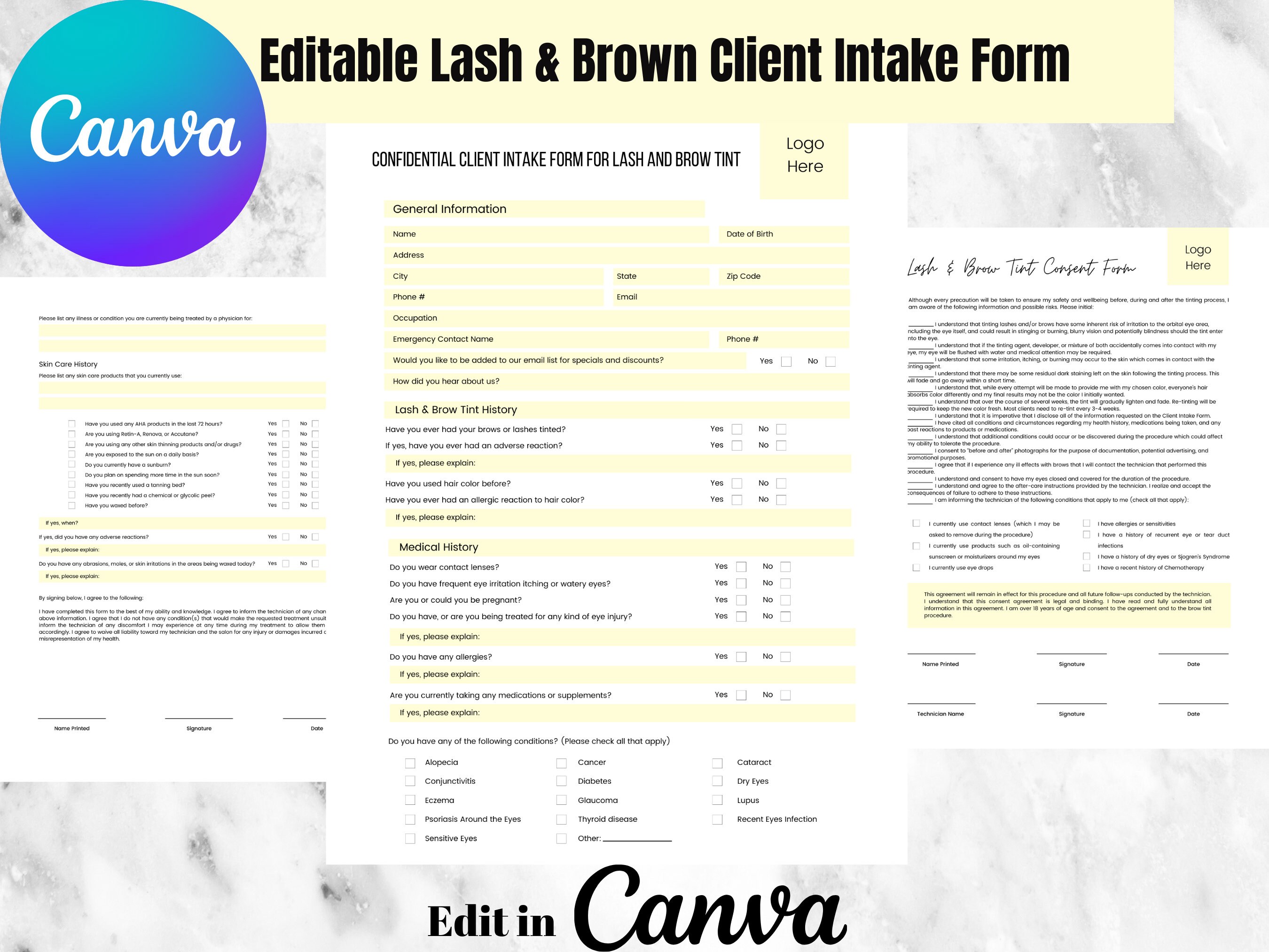 Editable Lash and Brow Intake Form-client Intake Form Canva - Etsy