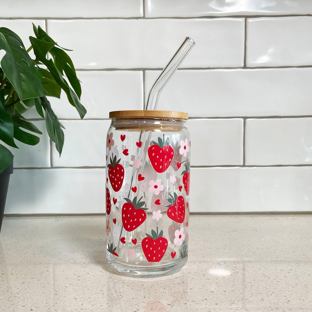 Strawberry Glass Cup Strawberry Glass Tumbler 16oz Glass Can With Lid ...