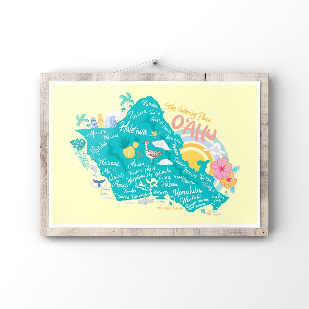 Kawaii Oahu Map Art Print 8.5 X 11 Card Stock Print - Etsy