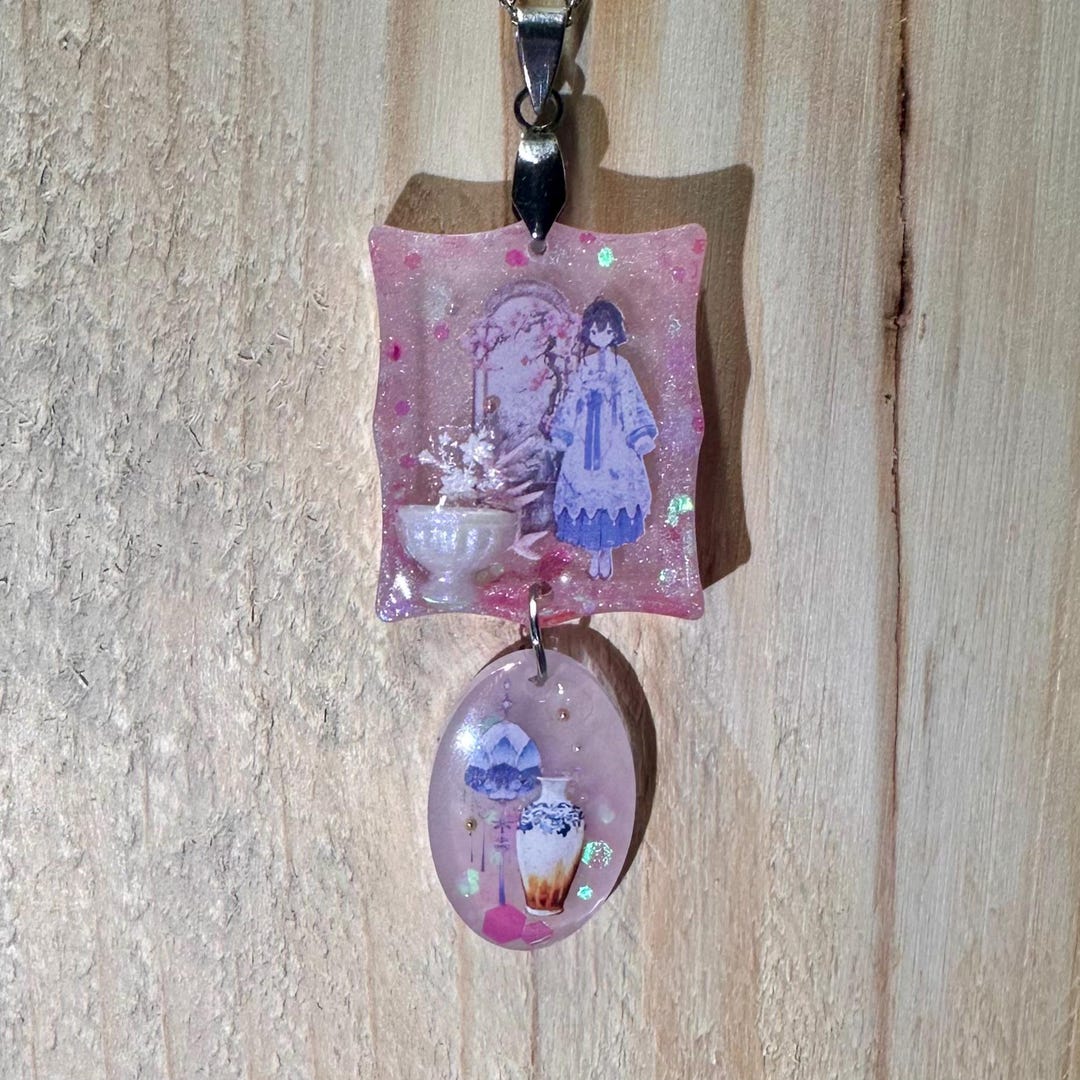 Pastel Pink Anime Resin Charm - Kawaii Kimono & Cherry Blossom Dangle ...