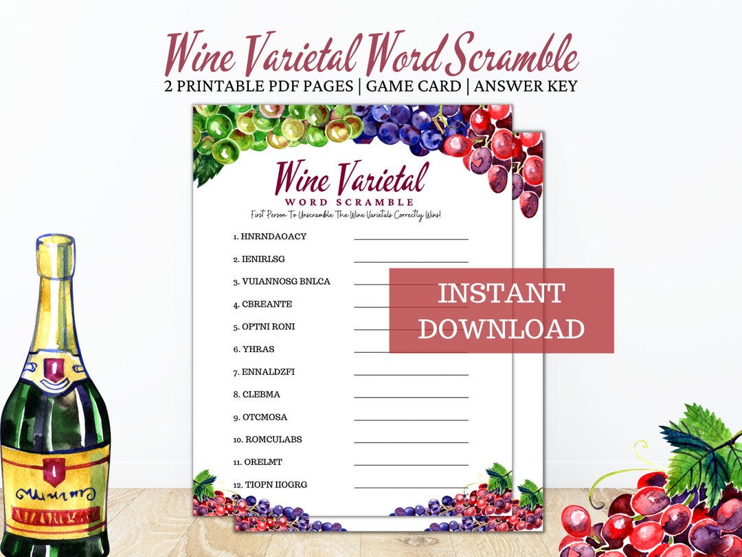 Printable Wine Varietals Word Scramble - Wine Tasting Game - Wine ...