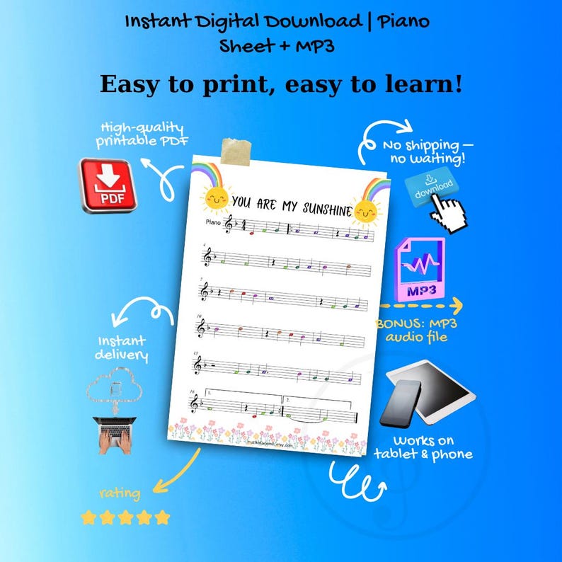 You Are My Sunshine - Grade 0 Very Easy Piano Sheet | Color Notes ...