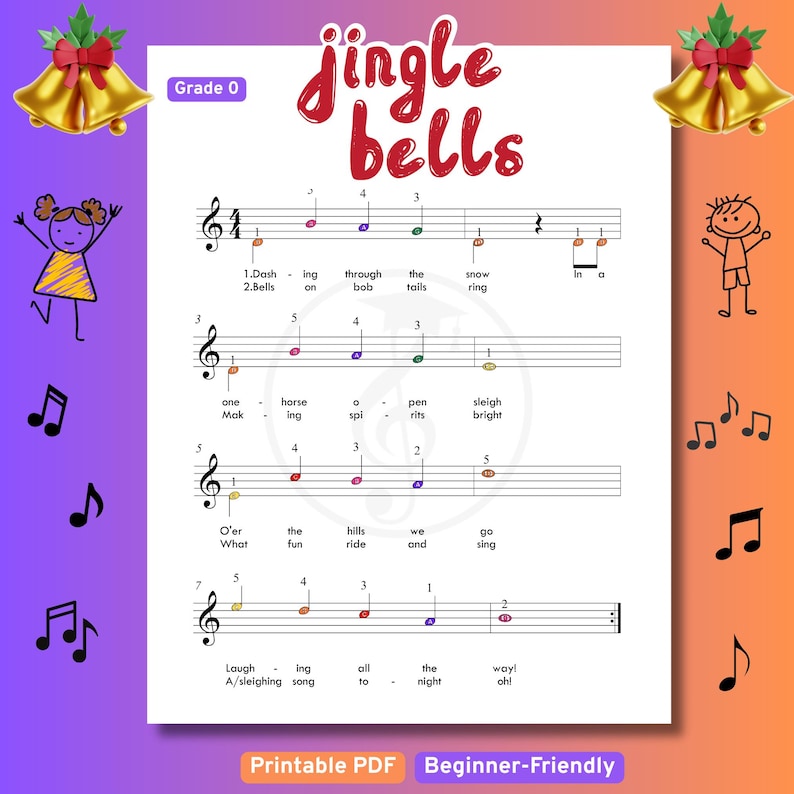 Jingle Bells - Grade 0 - Easy Piano Sheet for Beginners | Colorful ...