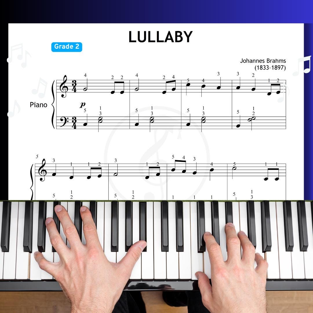Brahms Lullaby Piano Sheet - Grade 2 Digital PDF With Finger Numbers ...