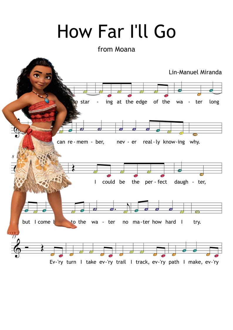How Far I’ll Go From Moana | Grade 0 Beginner Piano Sheet | Color Notes ...