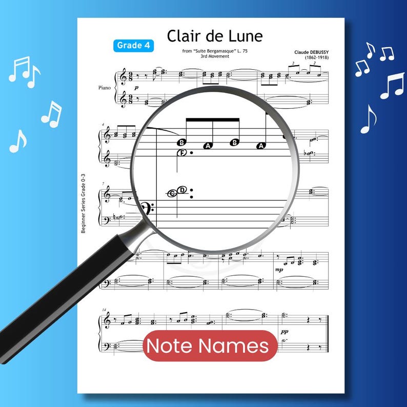 Clair De Lune Simplified Version Piano Sheet by Debussy - Grade 4 With ...