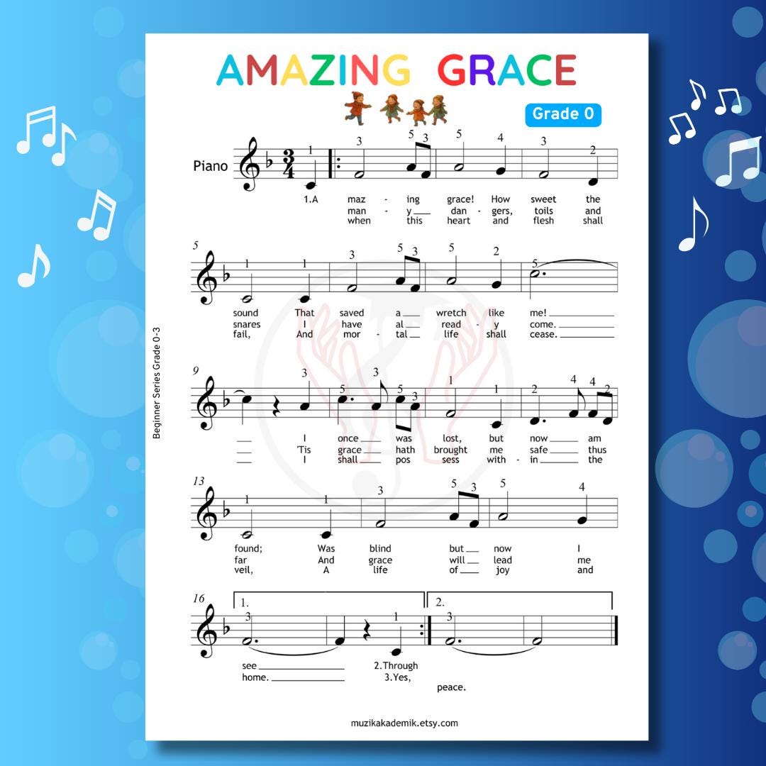 Amazing Grace Piano Sheet Music Beginner Grade 0 Very Easy Simplified ...