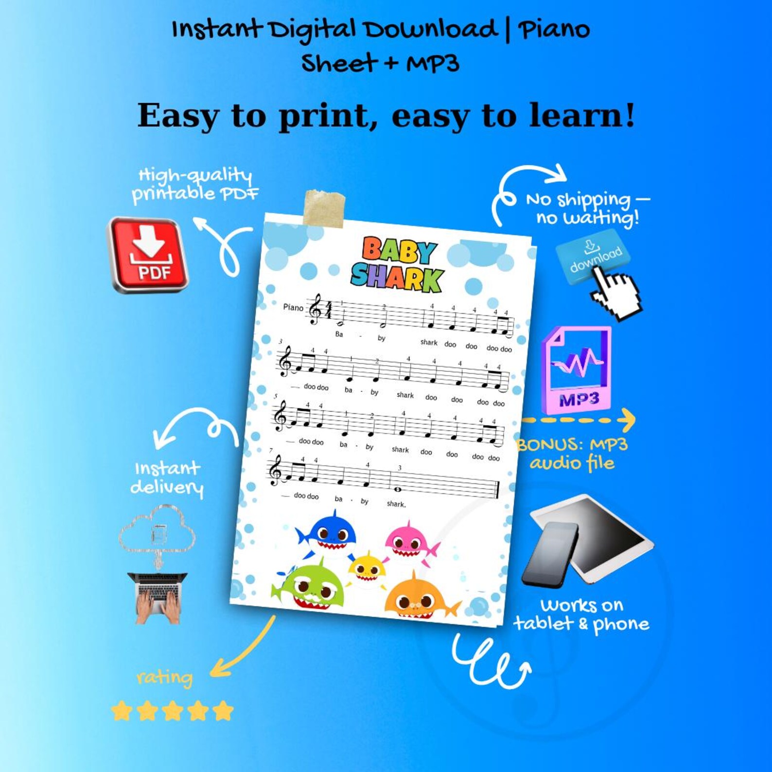 Baby Shark - Grade 0 for Beginner Simplified Very Easy Piano Sheet ...