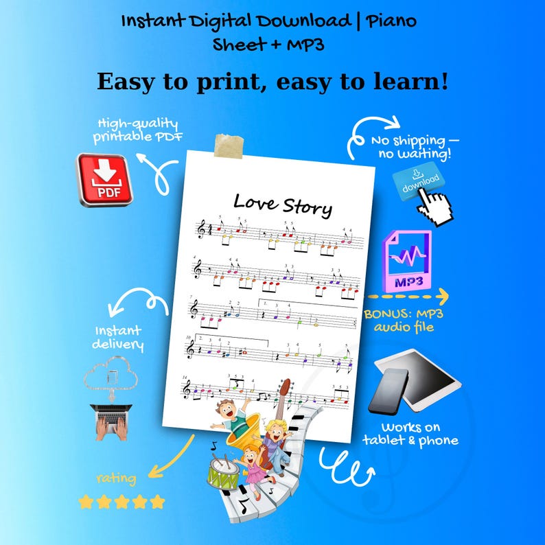 Love Story - Grade 0 - Easy Piano Sheet for Beginners | Colorful Notes ...