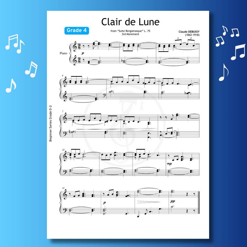 Clair De Lune Simplified Version Piano Sheet by Debussy - Grade 4 With ...