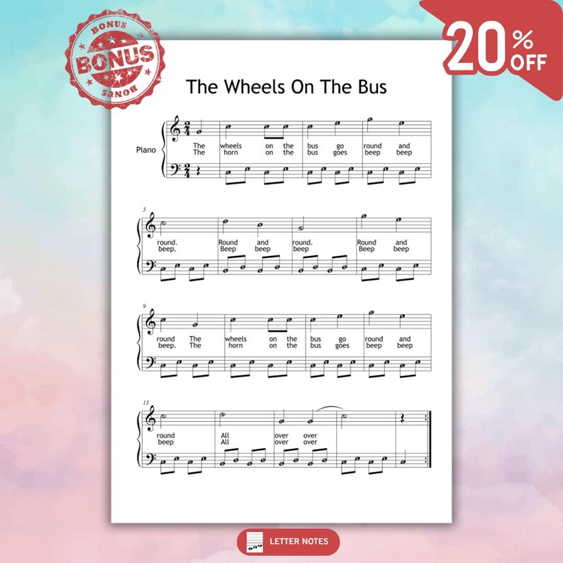The Wheels on the Bus – Easy Piano Sheet | Grade 1 PDF + Color Notes ...
