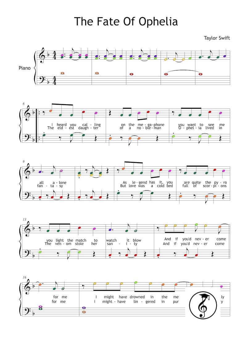 The Fate of Ophelia – Taylor Swift | Grade 2 Easy Piano Sheet PDF ...