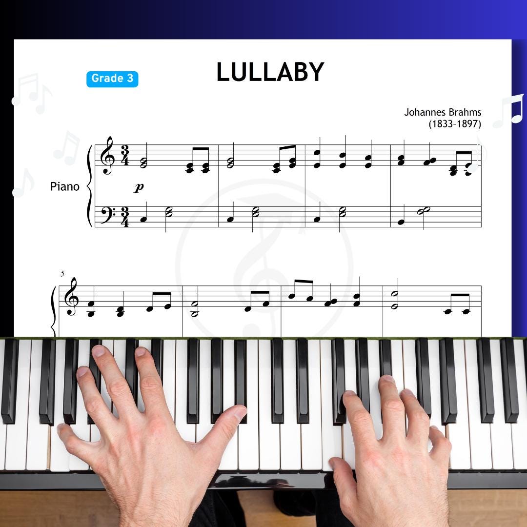 Brahms Lullaby Grade 3 Piano Sheet - Digital PDF With Finger Numbers ...