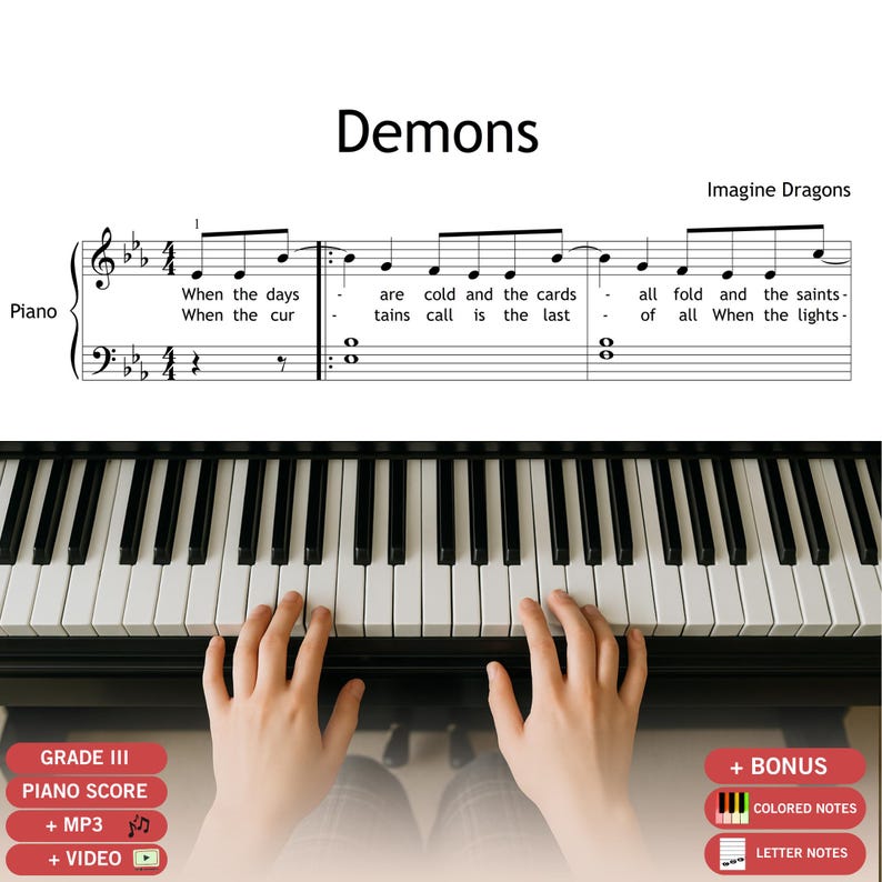 Demons – Easy Piano Sheet Music PDF | Grade 3 With Color Notes, Note ...