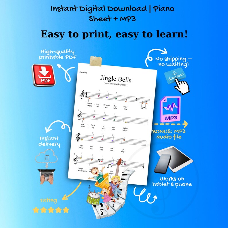 Jingle Bells - Grade 0 - Easy Piano Sheet for Beginners | Colorful ...