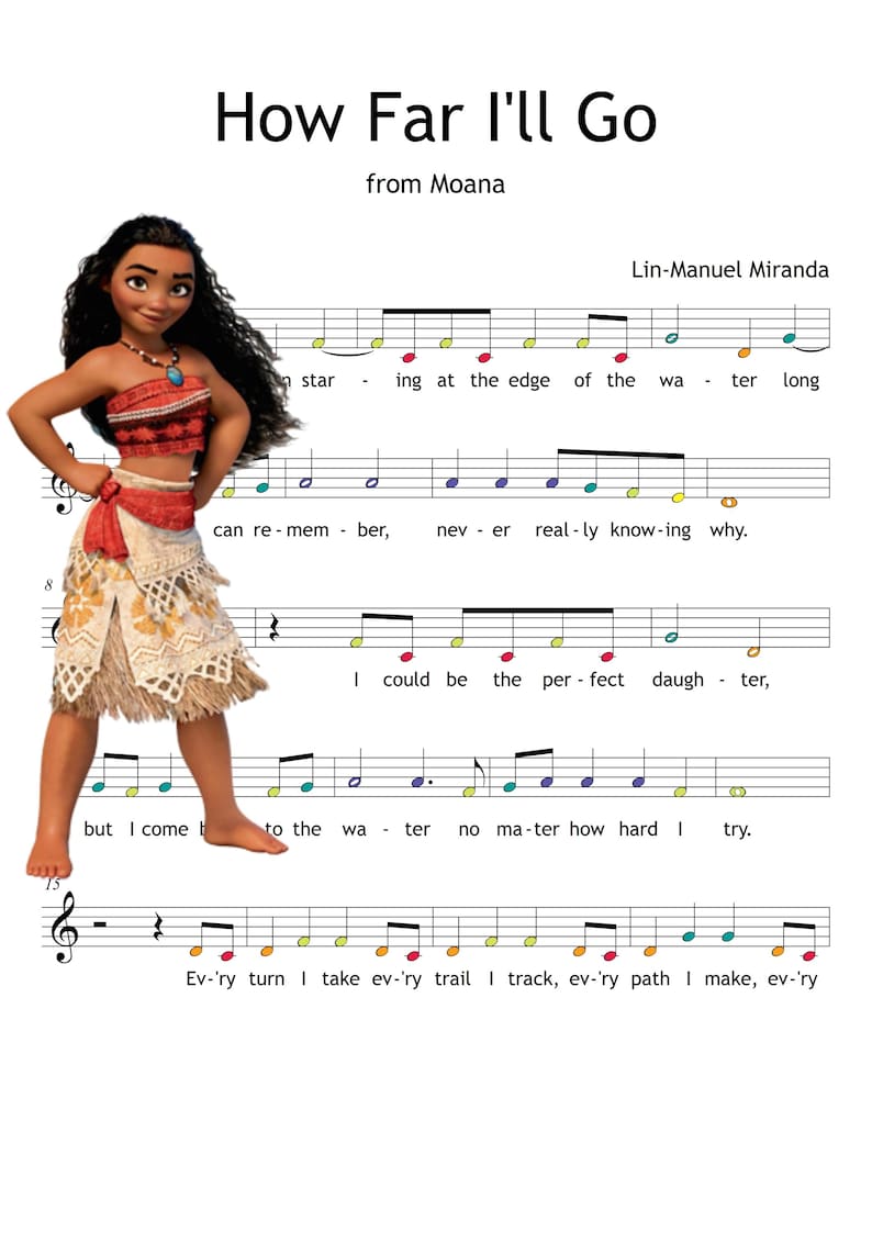 How Far I’ll Go From Moana | Grade 0 Beginner Piano Sheet | Color Notes ...