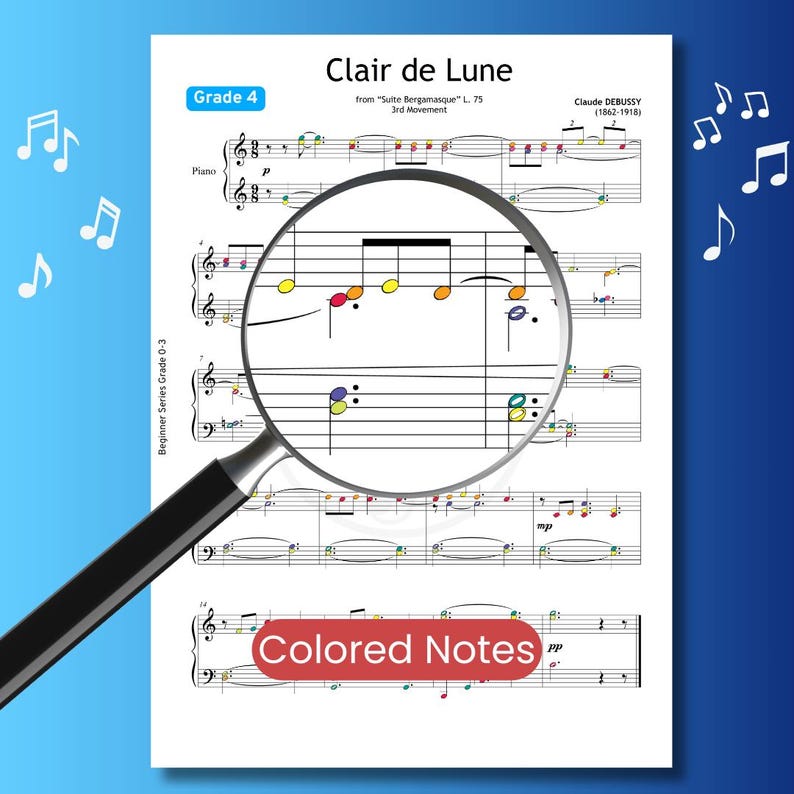 Clair De Lune Simplified Version Piano Sheet by Debussy - Grade 4 With ...