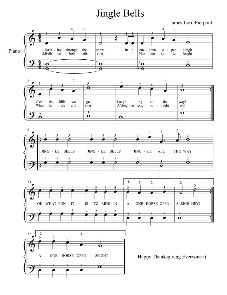Jingle Bells - Very Easy Piano Sheets - Digital Download - With Lyrics ...