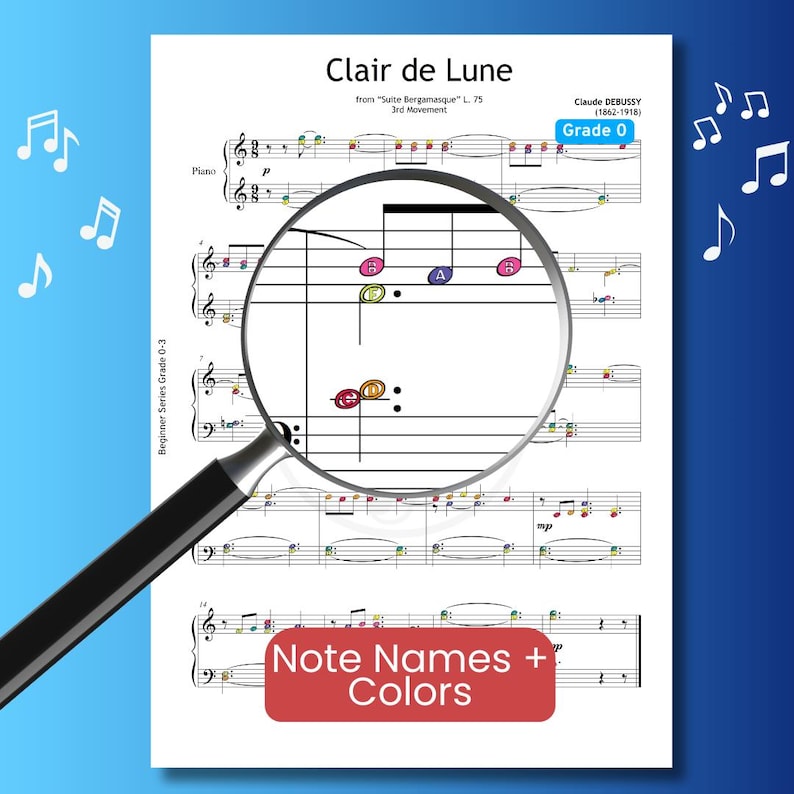 Clair De Lune Simplified Version Piano Sheet by Debussy - Grade 4 With ...