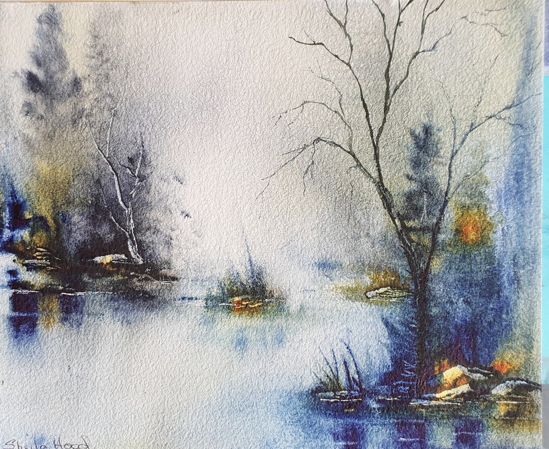 Original Signed Watercolour Landscape Painting. Blue and Gold Unique ...