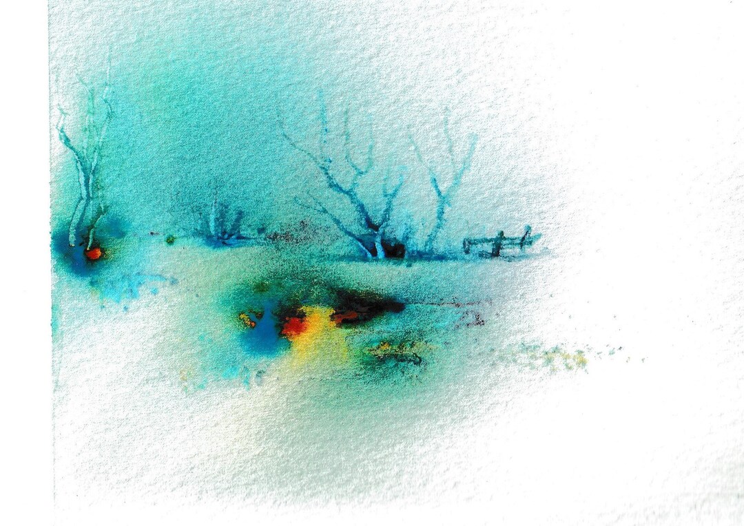 Original Art. Blue and Gold Landscape, Home Decor 2022, Evening on the ...