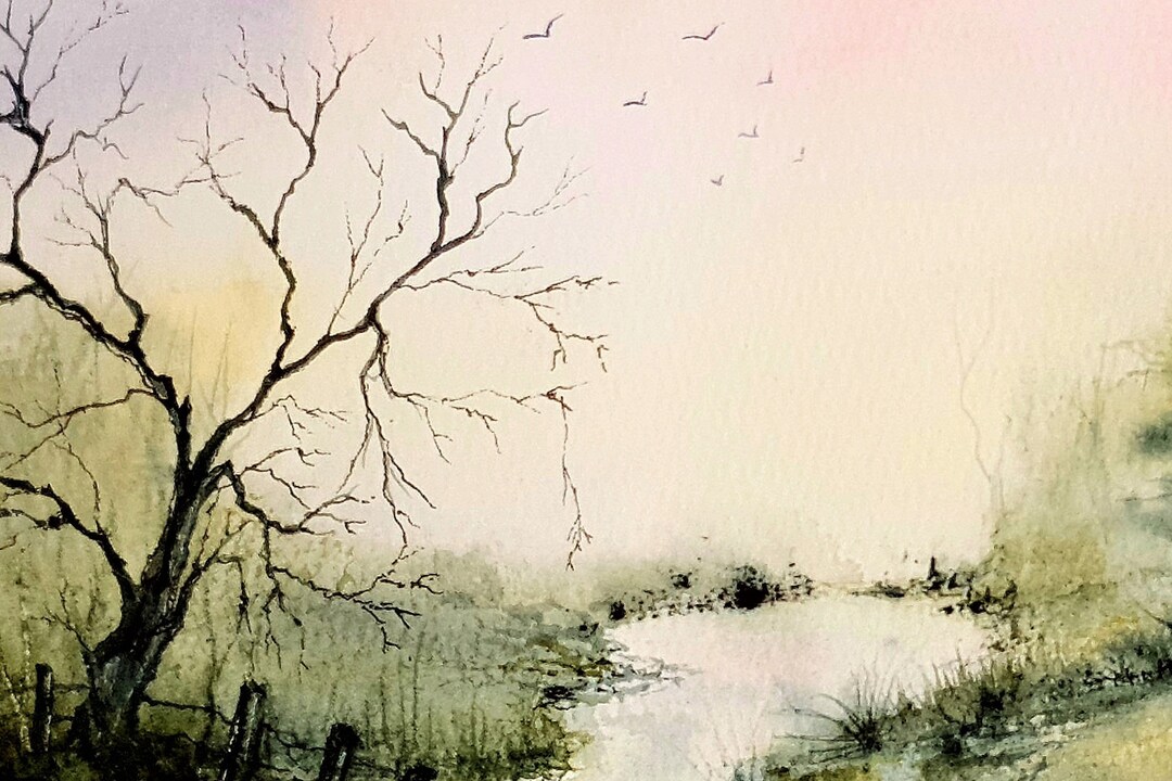 Original Watercolour Landscape Painting. Green and Yellow Wall Art Home ...