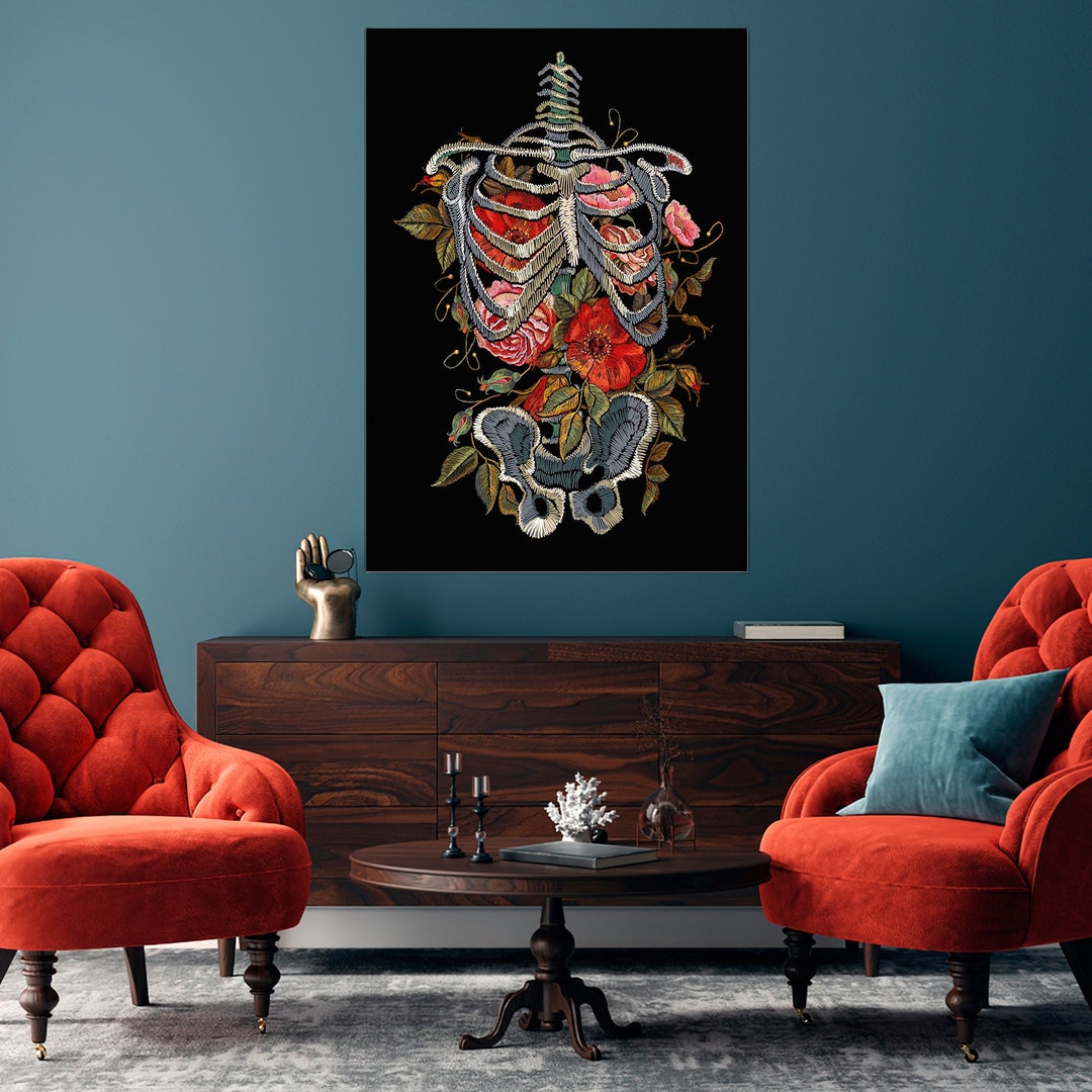 Rib Cage With Flowers, Floral Wall Art, Gothic Embroidery Print ...