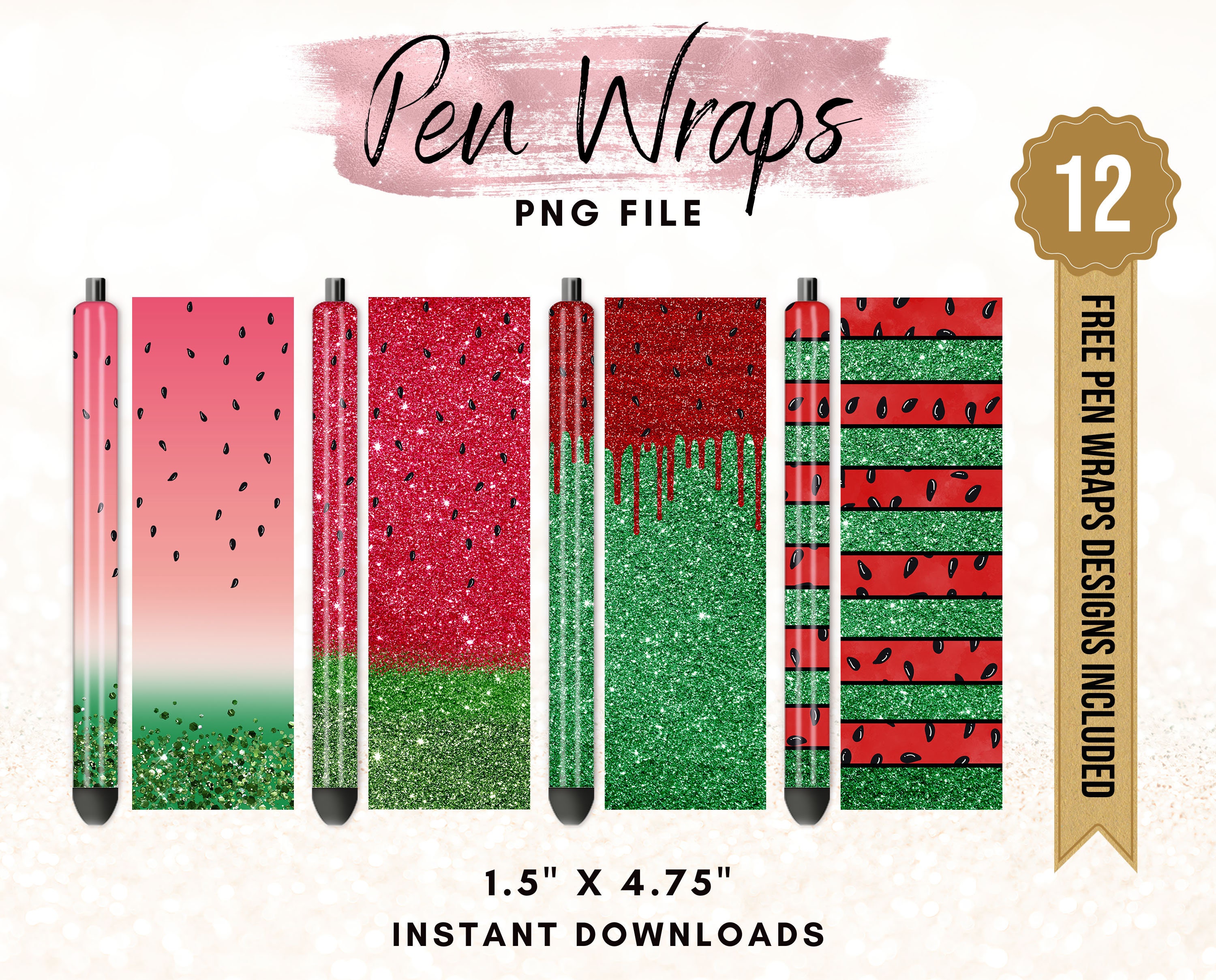 Watermelon Glitter Pen Wraps Fruit Pen Wrap Watermelon Pen - Etsy