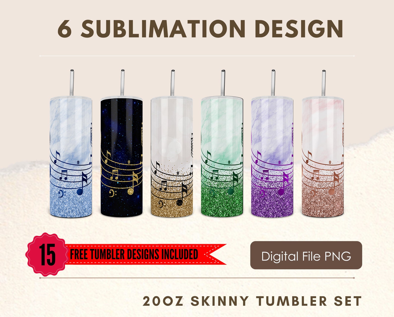 20oz Music Note Tumbler Glitter Music Design Sublimation Straight ...