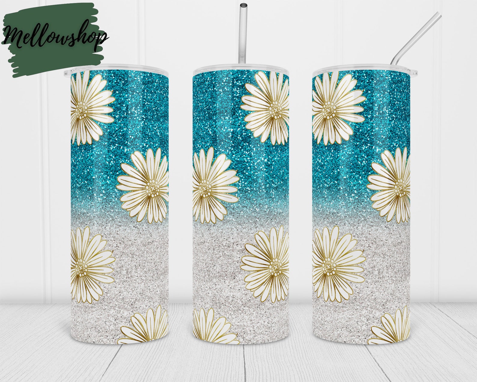 20oz Skinny Tumbler Turquoise Glitter Daisies Sublimation Etsy