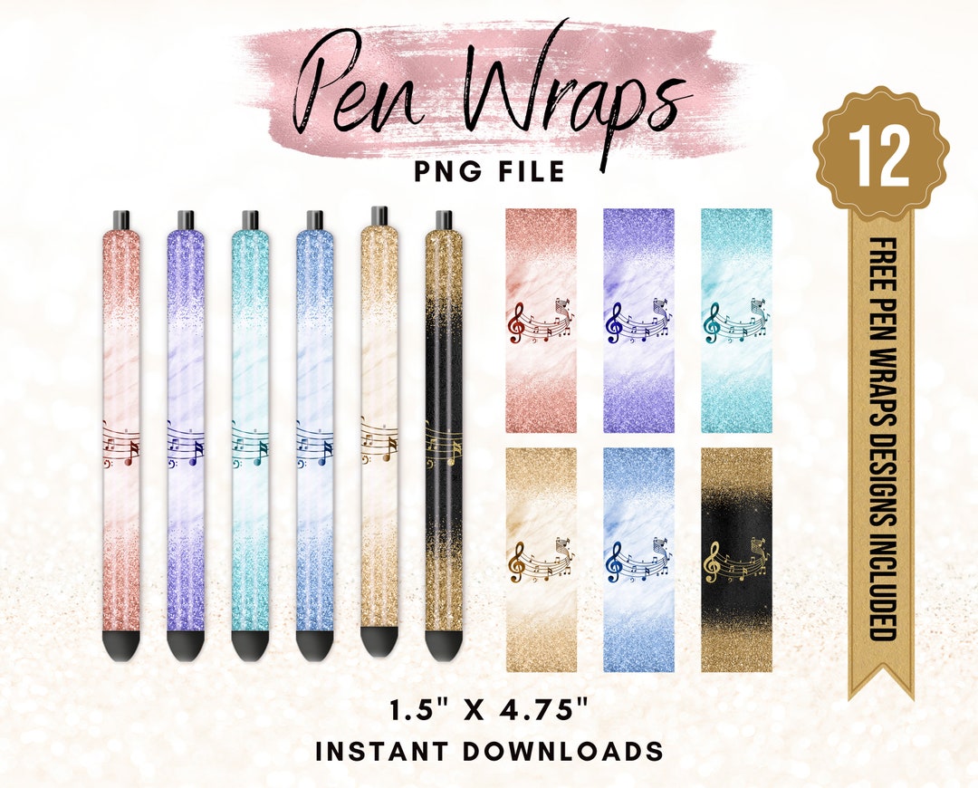 Music Notes Pen Wraps, Musician Glitter Pen Wrap, Marble Pen Design ...