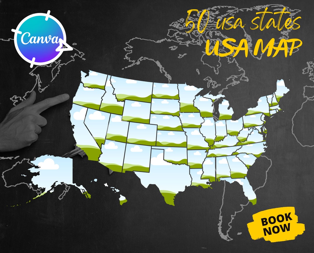 50 States of America USA MAP Canva Frame Template, Easy Drag and Drop ...