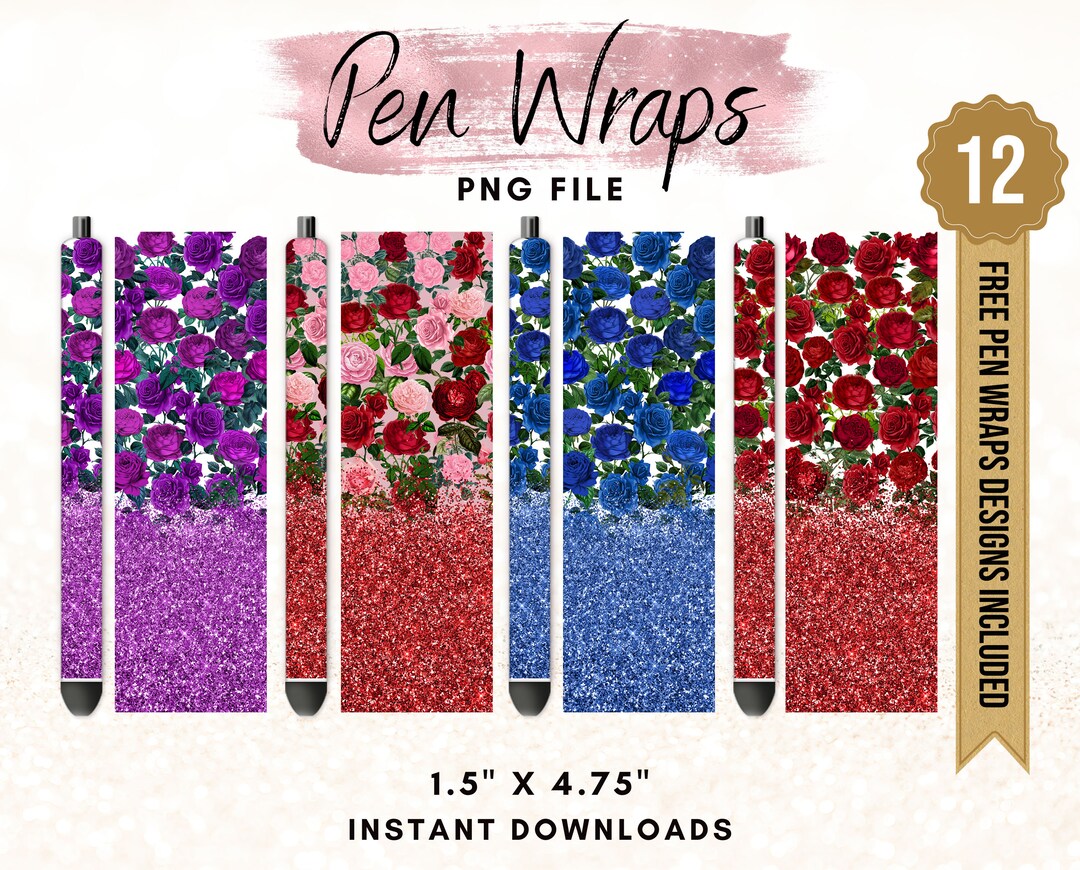 Vintage Rose Pen Wraps, Rose Glitter Pen Wrap Design, Wedding Gift Pen ...