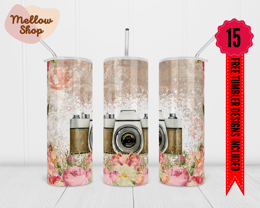 20oz Photography Camera Tumbler Skinny Vintage Floral Glitter ...