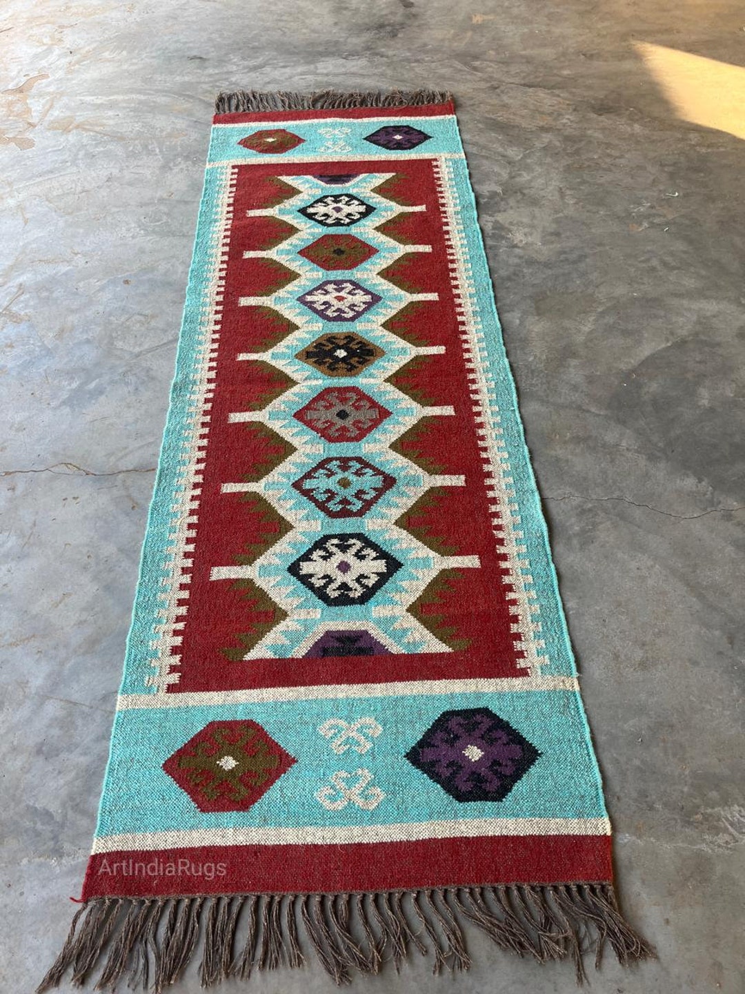 Handwoven Jute Wool Kilim Runner Rug: 2x15 Ft, Traditional Indian Decor ...