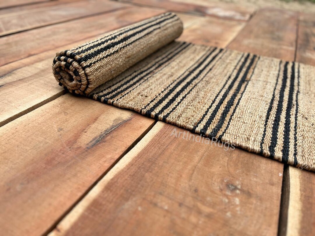 3x7 Black Beige Striped Hemp Jute Rug Handmade Jute Rug Boho Home Decor ...