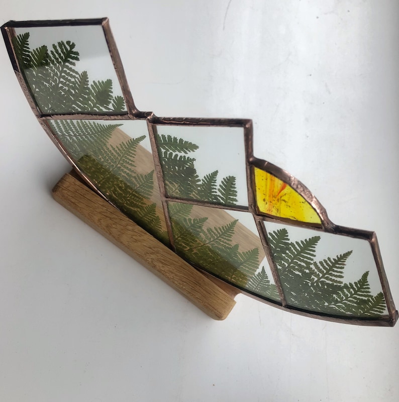 Stained Glass Mountains With Oak Stand - Dried Ferns Decor - Pressed ...