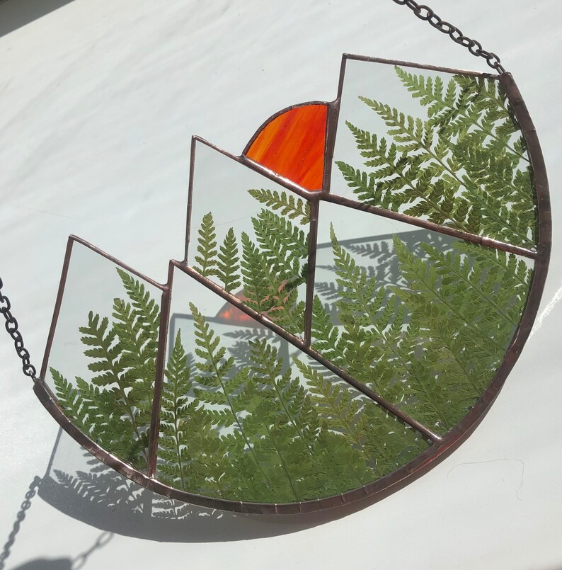 Stained Glass Mountains With Oak Stand - Dried Ferns Decor - Pressed ...