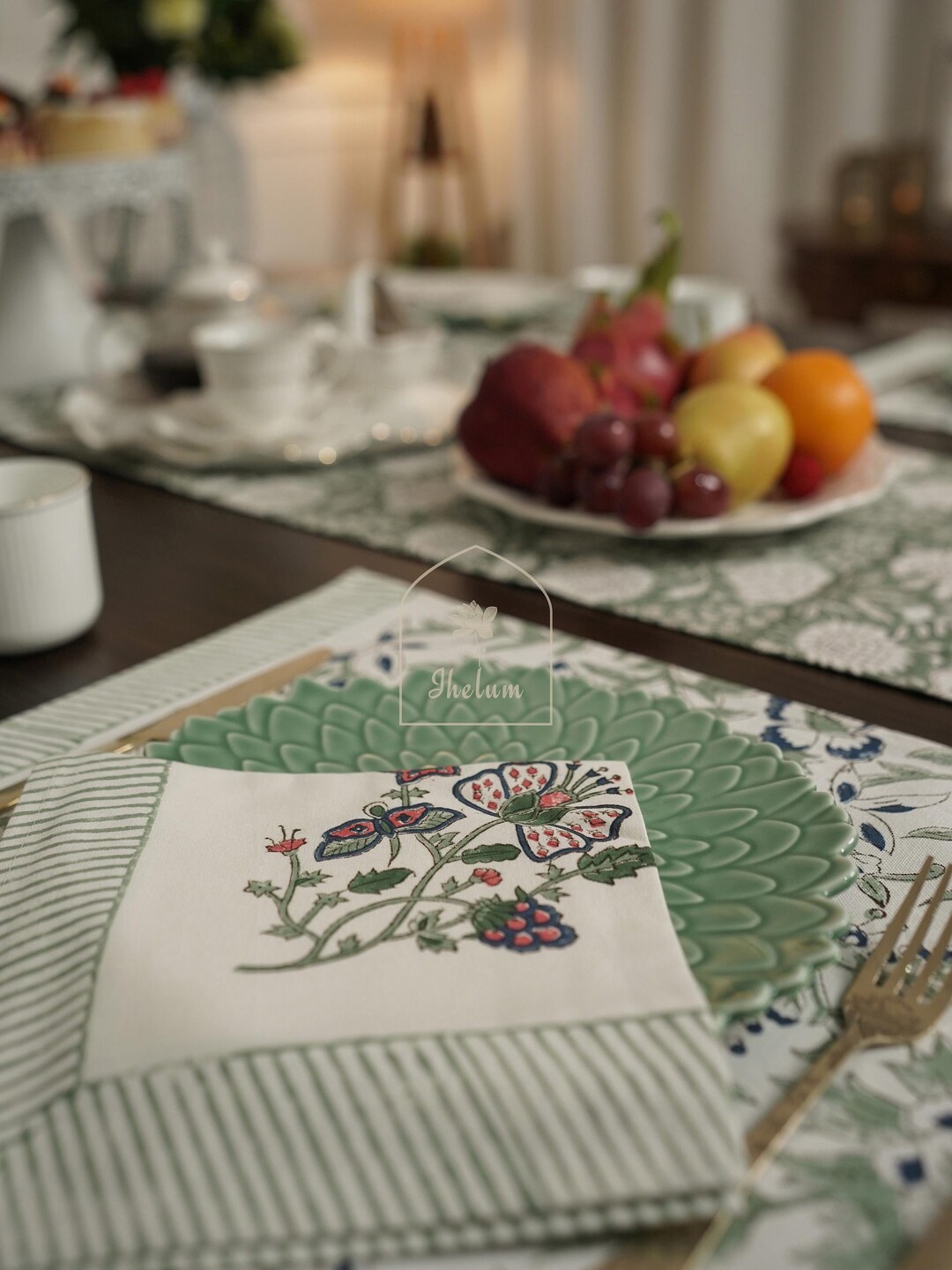 Boho Green Dining Runner or Tablemates Combo Set Handmade Tablemat and ...