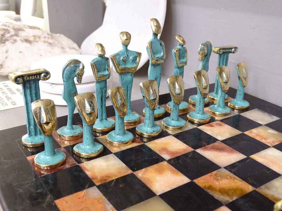 Greek Black Marble and Fire Onyx Chess Set With Bronze Pawns, Unique ...
