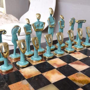 Greek Black Marble and Fire Onyx Chess Set With Bronze Pawns, Unique Handcrafted Marble Chess ...