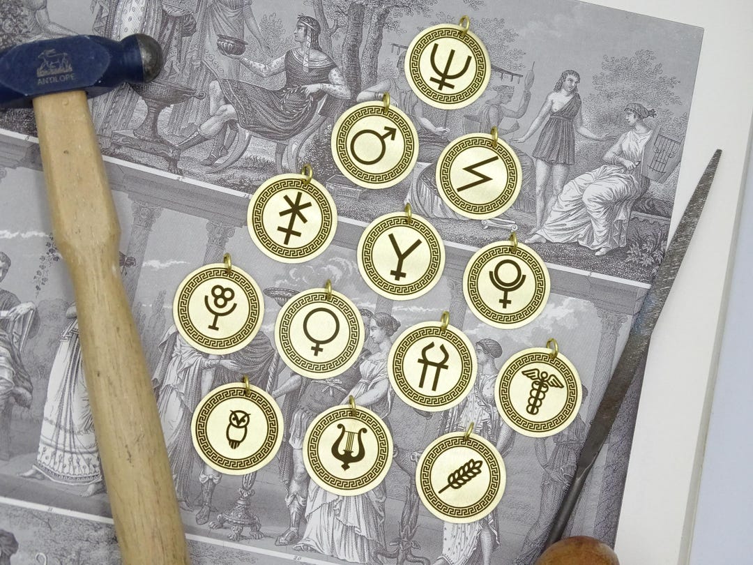 Greek Gods and Goddess Symbol Pendant, Custom Greek Jewelry Brass Charm ...