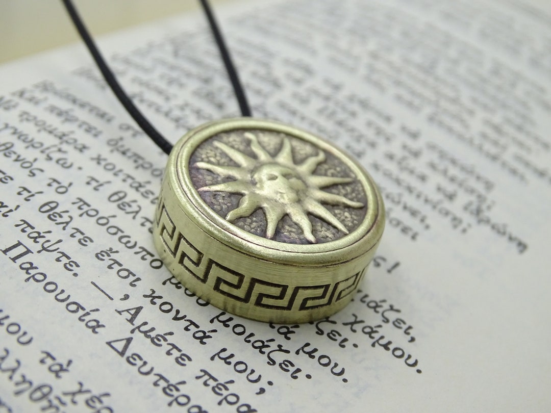 Sun on Greek Meander Antique Bronze Pendant Necklace, Circle Hand Made ...