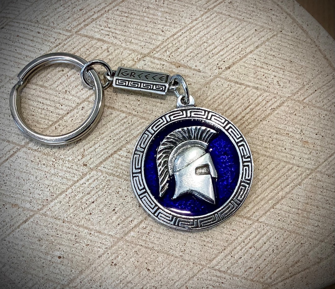 Double Face Metal Keychain With Spartans Helmet and Shield, Blue ...